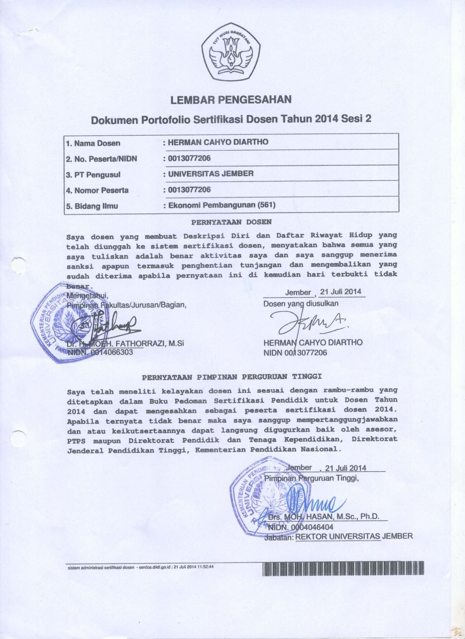 Pengumuman Lembar Pengesahan SERDOS 2015 - LPMPP Universitas Jember